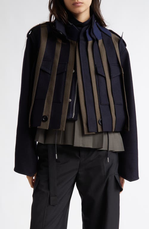 Sacai Pinstripe Melton Wool Crop Military Jacket In Dark Khaki